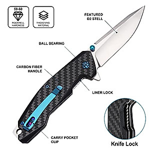Folding Pocket Knife， Pocket Knives Carbon Fibers Handle， High Hardness D2 Blade With Clip and Liner Lock，Camping Knife for EDC, Fishing， Camping and Outdoor Activities-Good for Men Gift