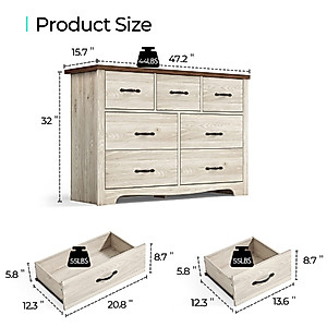 LINSY HOME 7 Drawer Double Dresser, SGS Certified Dresser for Bedroom, Farmhouse Dresser Chest with Wide Drawers, Wood Storage Chest of Drawers for Living Room