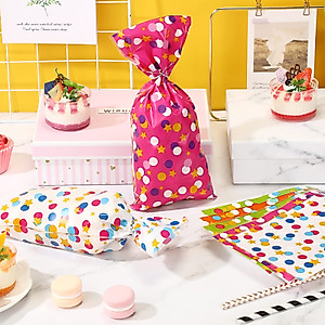 100 Pcs Cellophane Treat Bags, Polka Dots Goodie Bags Star Party Favor Bags Treat Candy Bags with 100 Twist Ties Rainbow Stars Theme for Birthday Baby Shower Pride Day School Supplies (Dot Style)