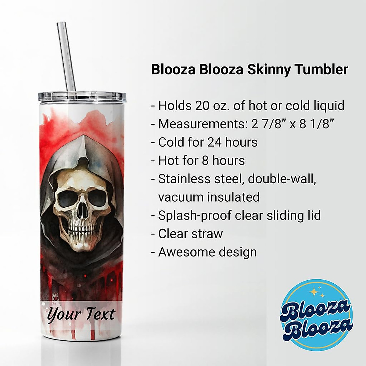Personalized Custom Name Text Death Grim Reaper Black Red Shades Watercolor Skinny Tumbler 20oz with Straw Insulated Water Bottle Gift - 1 Line Horizontal