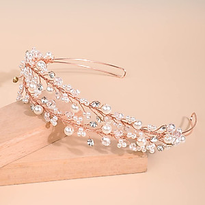 Kercisbeauty Wedding Bridal Pearl and Crystal Rose Gold Hair Tiaras Boho Cute Beaded Princess Crown Banquet Party Special Occasion Handmade Jewelry for Women Girls (Rose Gold)