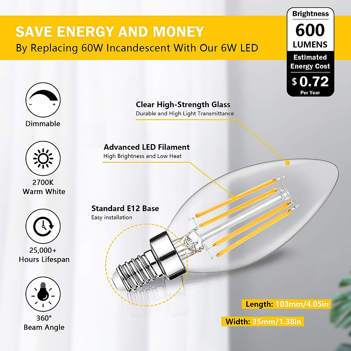12-Pack Dimmable E12 LED Candelabra Bulbs 60W Equivalent, 2700K Soft Warm White, 600 Lumens B11 Candle Base 6W C35 LED Filament Vintage Light Bulbs, Clear Glass for Chandelier Ceiling Fan High CRI 90+