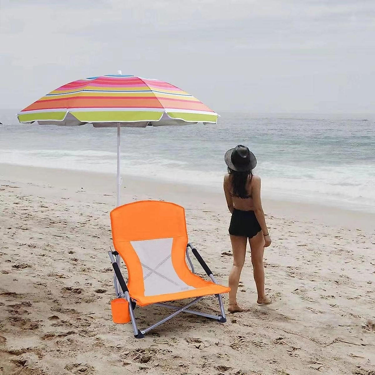 Beach Chair, Beach Chair and Umbrella, Folding Beach Chair, Beach Chairs for Adults 1-Pack Orange - Orange