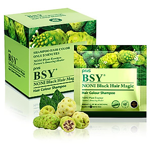 BSY Black Hair Magic Color Shampoo (12ml x 12 Sachets) | Ammonia-Free Permanent Noni Fruit Hair Dye for Men and Women | Natural 5-Minute Hair Color