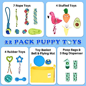 22 Pack Dog Chew Toys for Puppy Small & Medium Breed Dogs with Rope Toys & Dog Toy Basket, Treat Balls, Flamingo Plush Squeaky Toys, Puppy Teething Toys, Promote Dog Dental Health, Exercise & Bonding