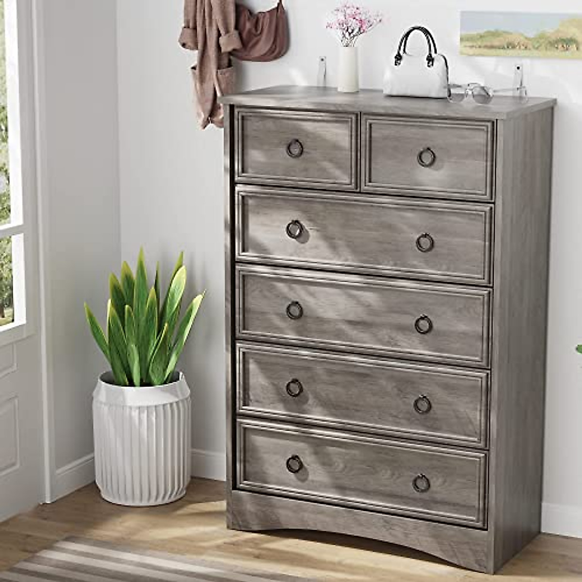 Modern 6 Drawer Dresser, Dressers for Bedroom, Tall Chest of Drawers Closet Organizers and Storage for Clothes - Easy Pull Handle, Textured Borders Drawers for Living Room, Bedroom, Hallway, Gray Wash