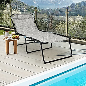 GYMAX Lounge Chair for Outside, 440lbs 27.5” Oversize Folding Beach Tanning Sunbath Chair with Adjustable Backrest & Removable Pillow, Lightweight Portable Patio Lounger for Lawn Poolside (1, Grey)