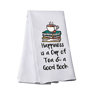 PWHAOO Book Lover Tea Towel Happiness is a Cup of Tea & A Good Book Kitchen Towel Tea Lover Gift (Tea & a Good Book T)