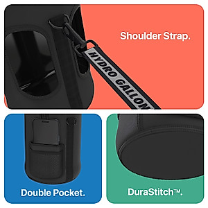 Hydro Gallon® - 1 Gallon Water Bottle Jug with Insulated Sleeve and Straw Lid, Handle, Time Marker, Pocket, Shoulder Strap. Daily Intake Leakproof BPA free Large Big Bottle Men. 128oz (Black)