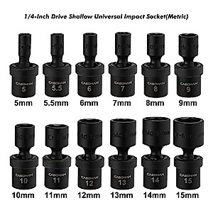 CASOMAN 1/4-Inch Drive Shallow Universal Impact Socket Set, Metric, 12 Pieces Set, 5mm to 15mm, 6-Point, Cr-Mo, Swivel Socket