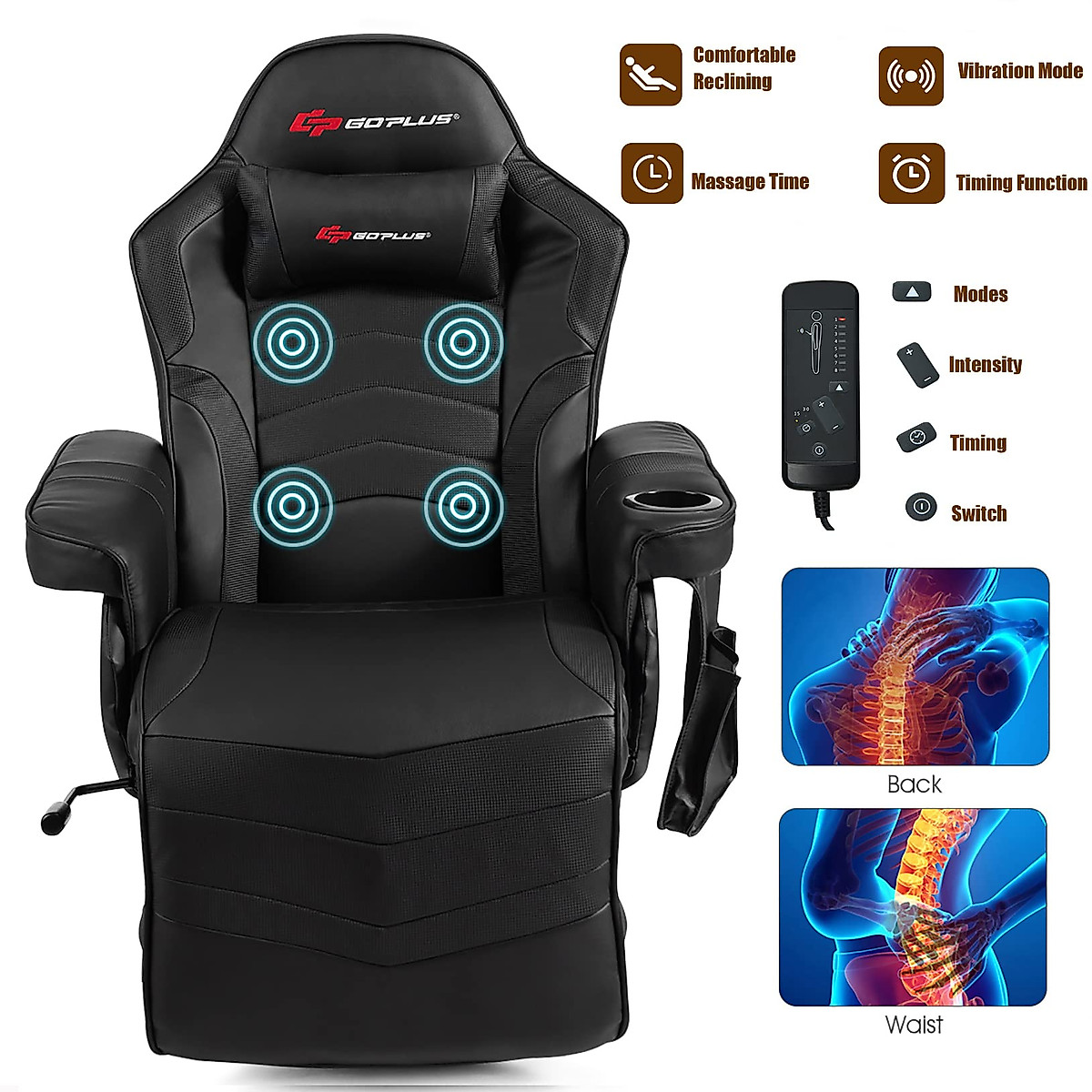 POWERSTONE Gaming Recliner Massage Gaming Chair with Footrest Ergonomic PU Leather Single Sofa with Cup Holder Headrest and Side Pouch, Adjustable Living Room Chair Seating, Black