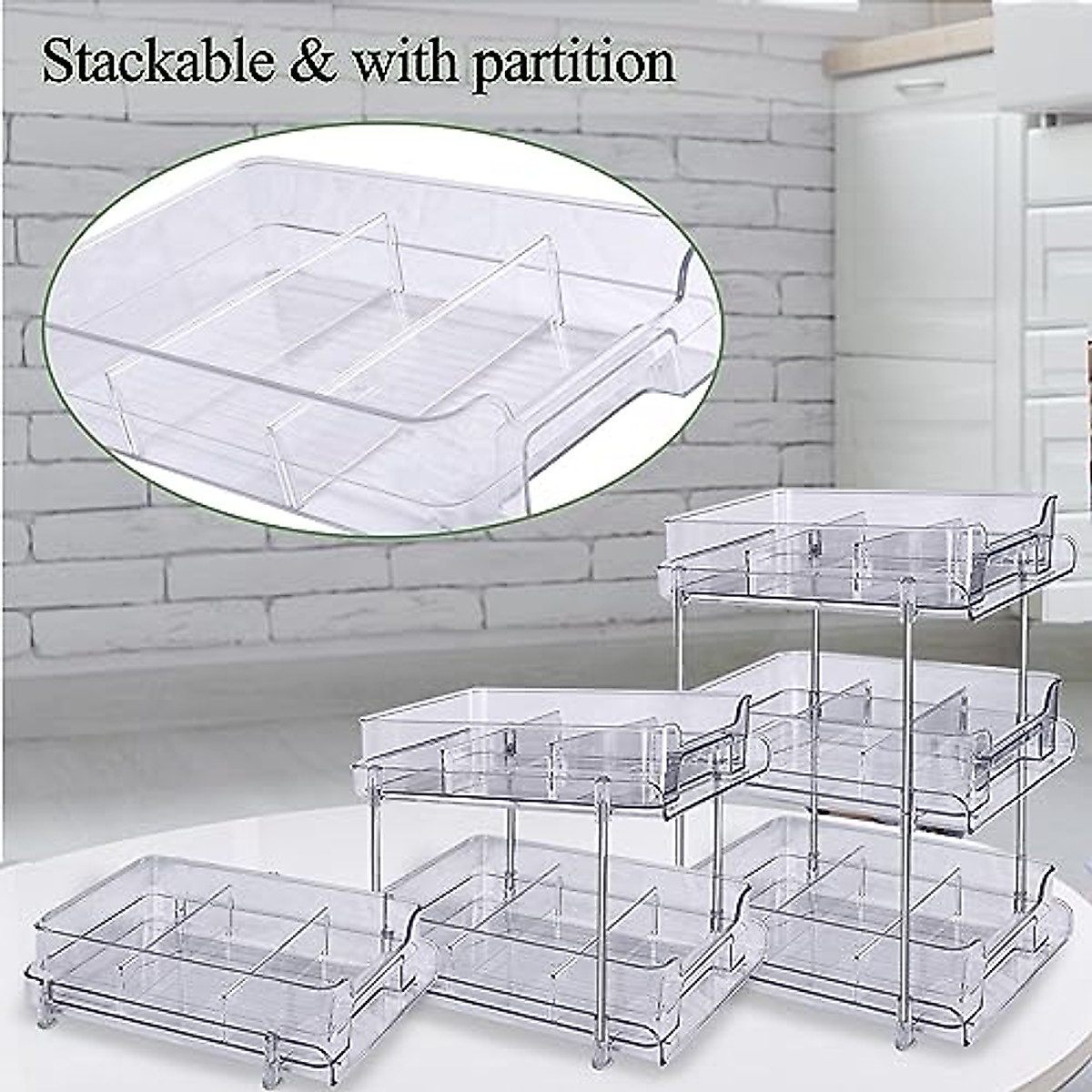 LazyWomen 2 Pack Clear Drawer Organizers with Dividers, Pantry Organizers and Storage, Under Sink Organizer Closet Organizer, for Cosmetic Skincare Kitchen Storage (2 Pack - 3 Tier)