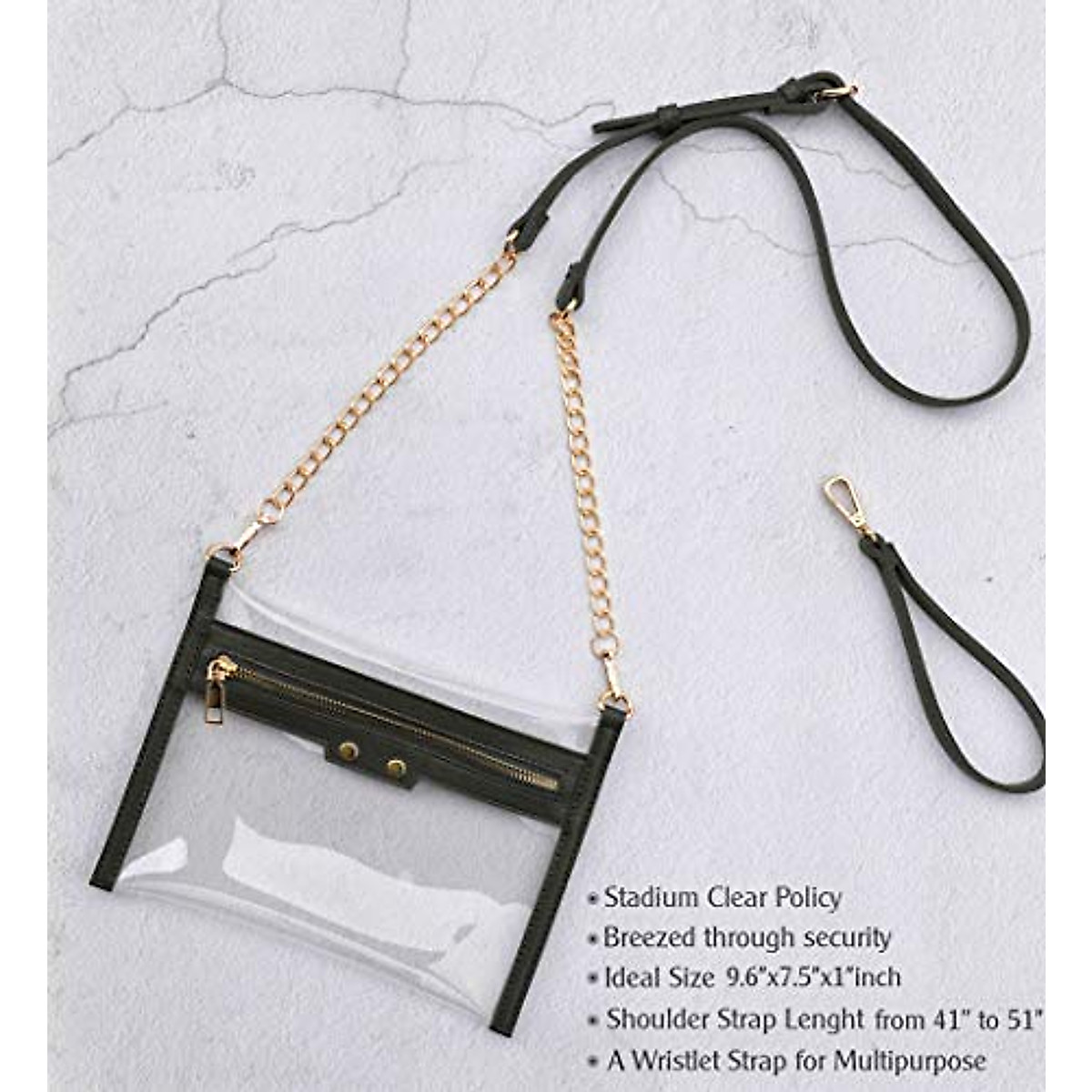 HOXIS Clear Zipper Purse Stadium Approved Women Chain Crossbody Bag Convertible Wristlet Clutch (Black)