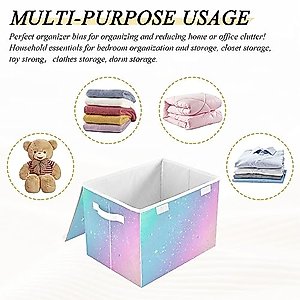 Large Collapsible Storage Bins with Lids, Unicorn Background with Rainbow Storage Baskets Organizer Containers with Handles for Nursery Clothes Toys