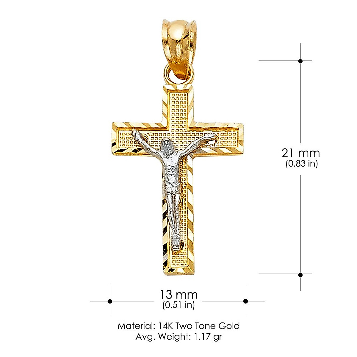14K Two Tone Gold Jesus Crucifix Cross Pendant with 1.4mm Flat Open Wheat Chain Chain Necklace - 22"