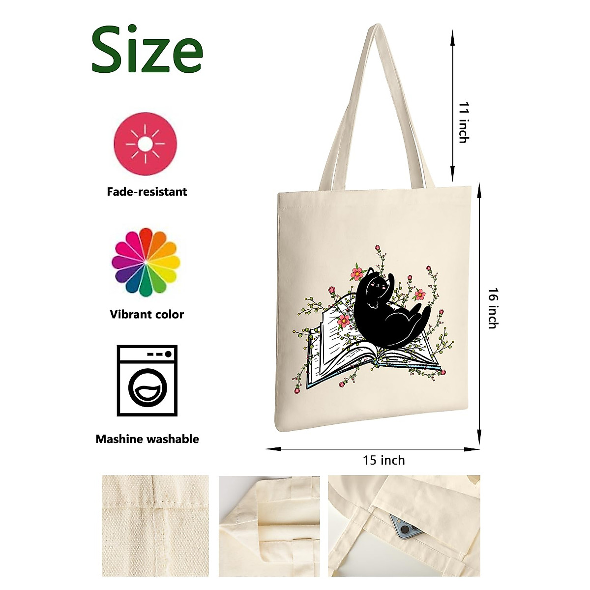 AUSVKAI Cute Book Canvas Tote Bag Aesthetic For Women Grocery Bag Cotton Beach Totes Gift-Black Cat Book