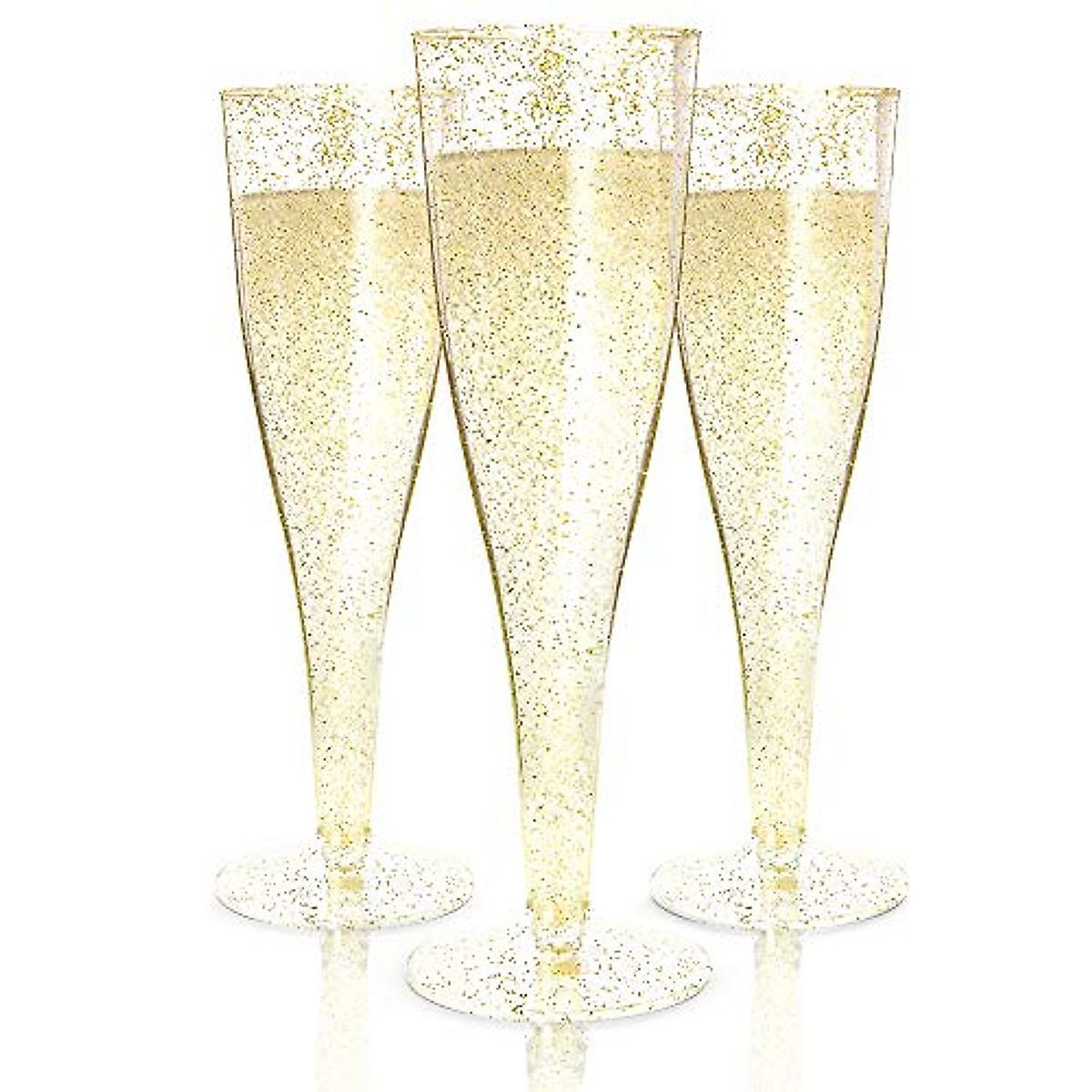 Prestee 100 Champagne Flutes Plastic | Disposable Champagne Flute | Gold Glitter Plastic Champagne Glasses for Parties | Mimosa Bar, Wedding, and Shower Party Supplies | Plastic Party Glasses (Gold)