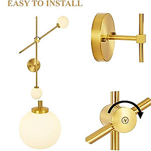 BAODEN Modern 2 Lights Globe Wall Sconce Industrial Wall Lamp with G4 Bulb Mid Century Rotatable Light Fixture Brushed Brass Finished with White Globe Glass Lampshade (Gold Color)