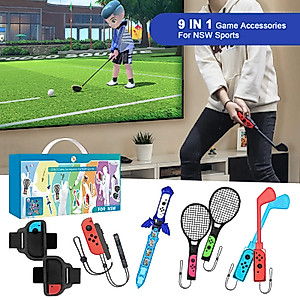 JOYTORN Switch Sports Accessories Bundle,Switch Accessories Kit with Ring Fit Leg Straps,Just Dace Wrist Bands,Mario Golf Super Rush Joycons Grips,Mario Tennis Rackets and Zelda Skyward Sword(9in1)