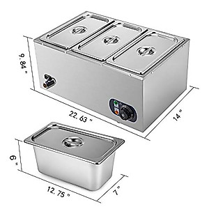 VEVOR 110V 3-Pan Commercial Food Warmer, 1200W Electric Steam Table 15cm/6inch Deep, Professional Stainless Steel Buffet Bain Marie 21 Quart for Catering and Restaurants, Sliver