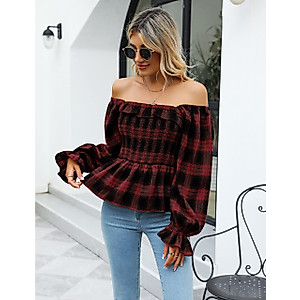 BMJL Womens Flannel Shirts Square Neck Fall Shirts Buffalo Plaid Peplum Top Sexy Off The Shoulder Top Trendy 2023 Fall Fashion(Black&Red,XL)