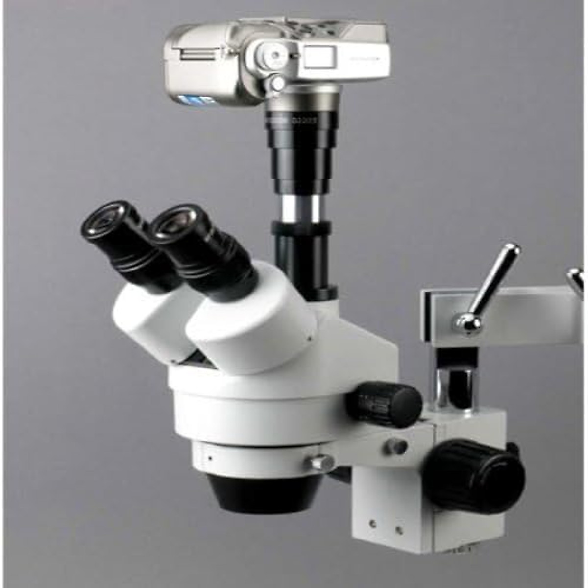 AmScope SM-3TZ Professional Trinocular Stereo Zoom Microscope, WH10x Eyepieces, 3.5X-90X Magnification, 0.7X-4.5X Zoom Objective, Ambient Lighting, Single-Arm Boom Stand, Includes 0.5X and 2.0X Barlow Lenses