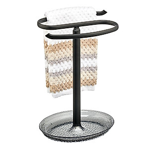 mDesign Steel Fingertip Towel Rack Stand with Base Tray - Towel Holder, Towel Bar for Bathroom, Kitchen, Powder Room - Holds Hand Towel, Washcloths - Rain Collection - Black
