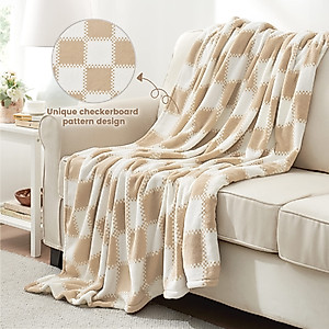Cozy Bliss Beige Checkered Throw Blanket Ultra Soft Warm MilkyPlush™ Fleece Blanket Checkerboard Grid Plush Blanket for Couch Bed Sofa, Beige 50"x60"