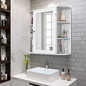 Casart Wall Mounted Bathroom Cabinet with Mirror, Single Door Medicine Cabinet with 4-Tier Inner Shelf