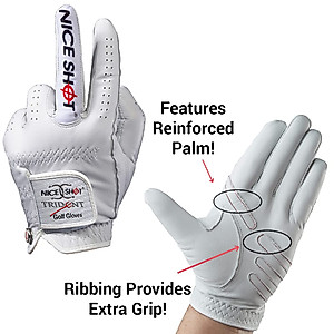 Nice Shot Trident Golf Glove with Power Grip Strips in Premium White Cabretta Leather Men's Left Hand - XLarge