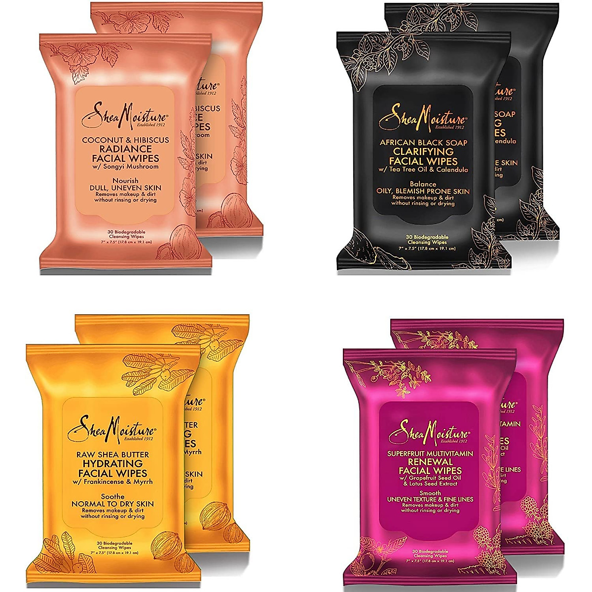 Shea Moisture Makeup Remover Face Wipes, African Black Soap, With Tea Tree Oil & Calendula, Removes Makeup & Dirt to Clarify Oily Blemish Prone Skin, Pack of 2, 30 Wipes Per Pack