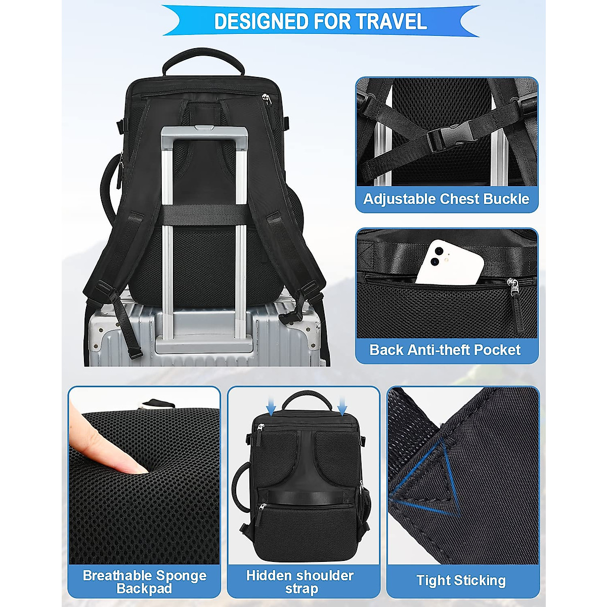 Getravel Travel Backpack For Women Men Airline Approved, Carry On Backpack, 17 inch Laptop Backpack, Waterproof Casual Outdoor Luggage Weedender Bag, Hiking Backpack(Black)