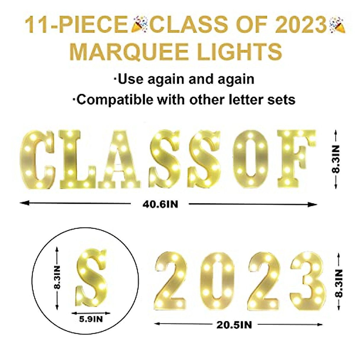 Graduation Party Decorations 2023, 11 LED Marquee Letter Lights "Class of 2023" for Graduation Decorations, GRAD 2023 Kindergarten Preschool High School College Graduation Decorations Party Supplies