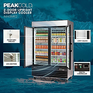 PEAKCOLD 2 Door Upright Commercial Display Cooler - Large Capacity Glass Door Merchandiser Cooler; 45 CU Ft.