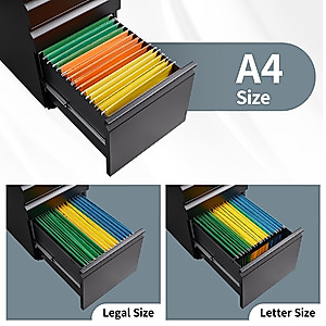 Approgreent 3 Drawer File Cabinet for Home Office, Under Desk Mobile Filing Cabinet with Lock for A4-Size/Letter-Size/Legal-Size, Fully Assembled Except Casters, Black