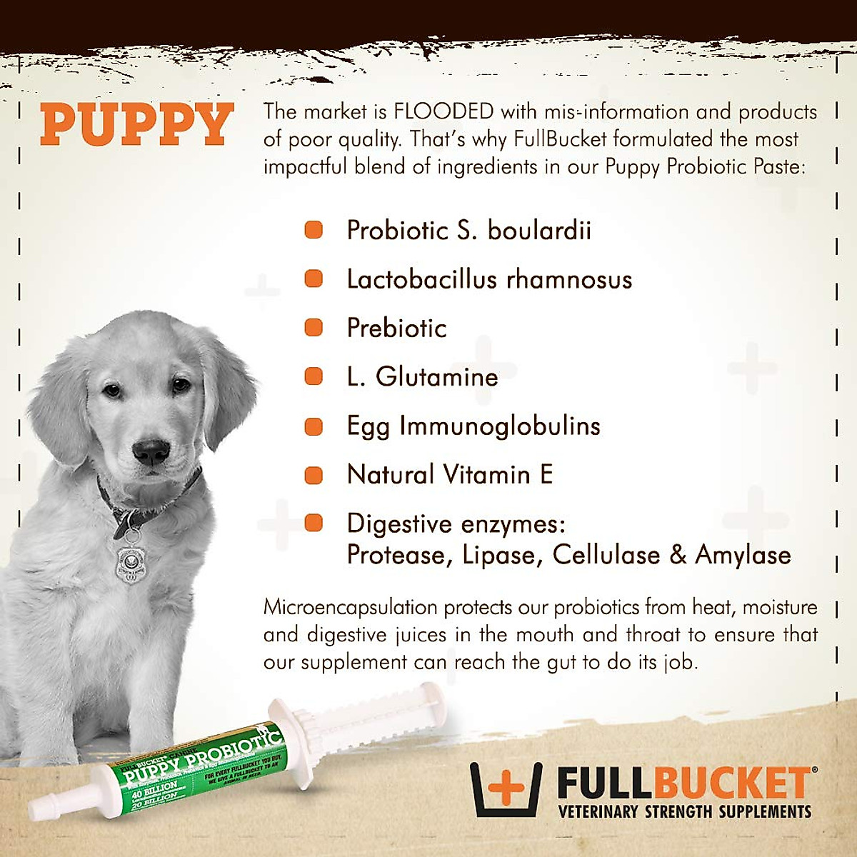 FullBucket Puppy Probiotic Paste with 60 Billion Probiotic CFUs, Enzymes, Prebiotics and Egg Immunoglobulins for Urgent Care, 32.5 mL Tube