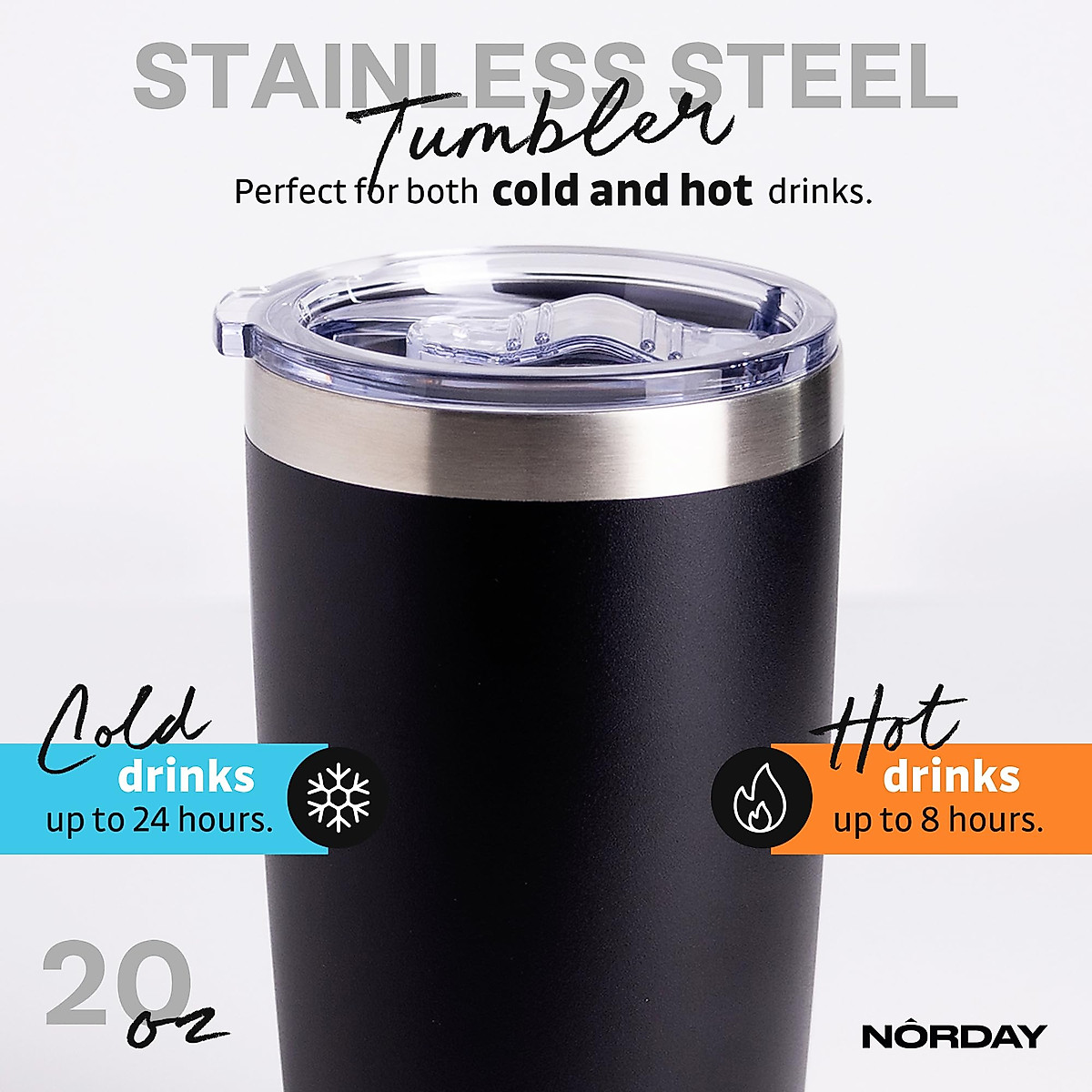 NORDAY | Tumbler Cup with Lid - 20oz - Black | Vacuum Insulated Tumbler - Travel Tumbler - Stainless Steel Tumblers - Double Wall Coffee Tumbler - Keeps Temperature up to 24hr - Anti Spill Lids