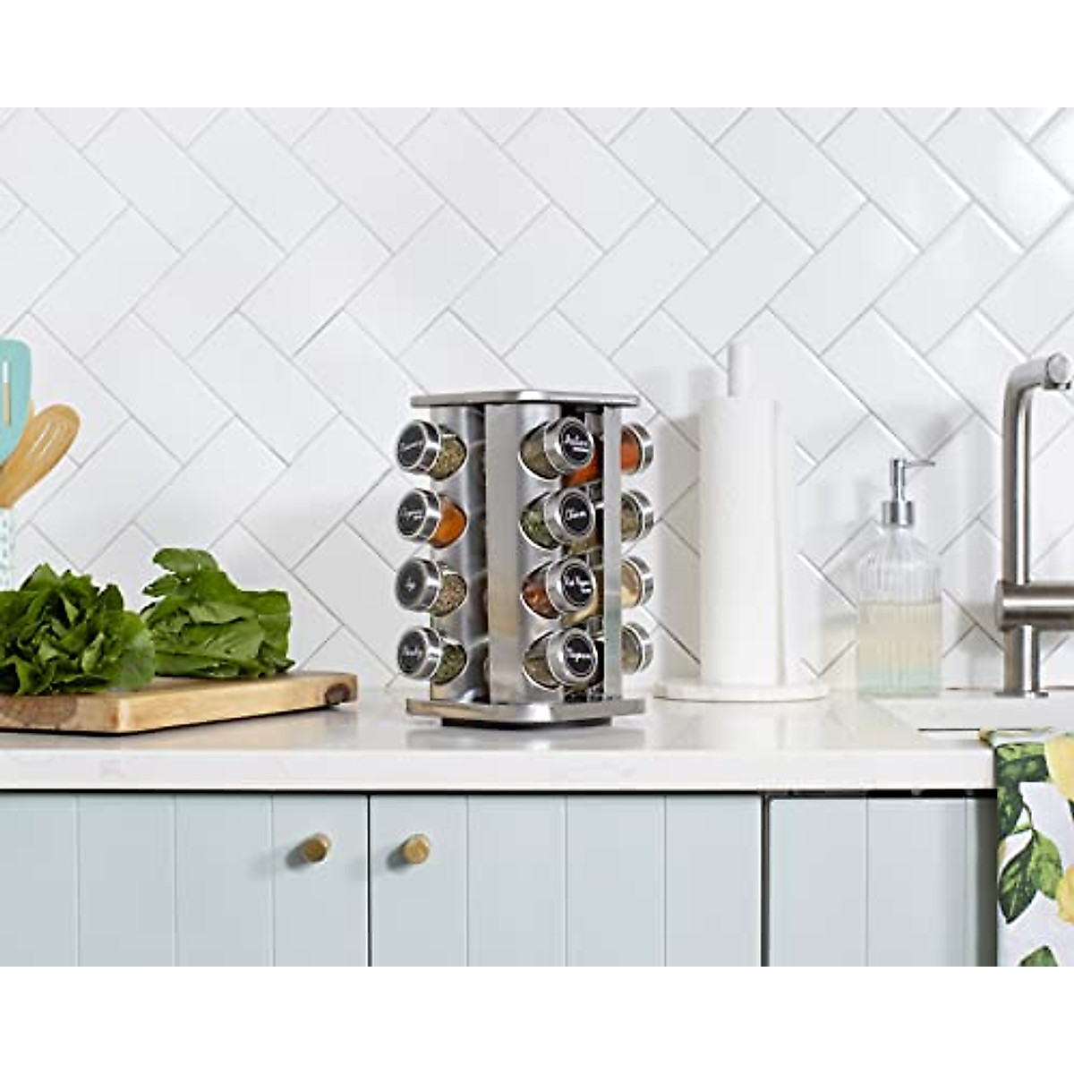 Orii 16 Jar Spice Rack with Spices Included - Rotating Countertop Tower Organizer for Kitchen Spices and Seasonings, Free Spice Refills for 5 Years (Stainless Steel)