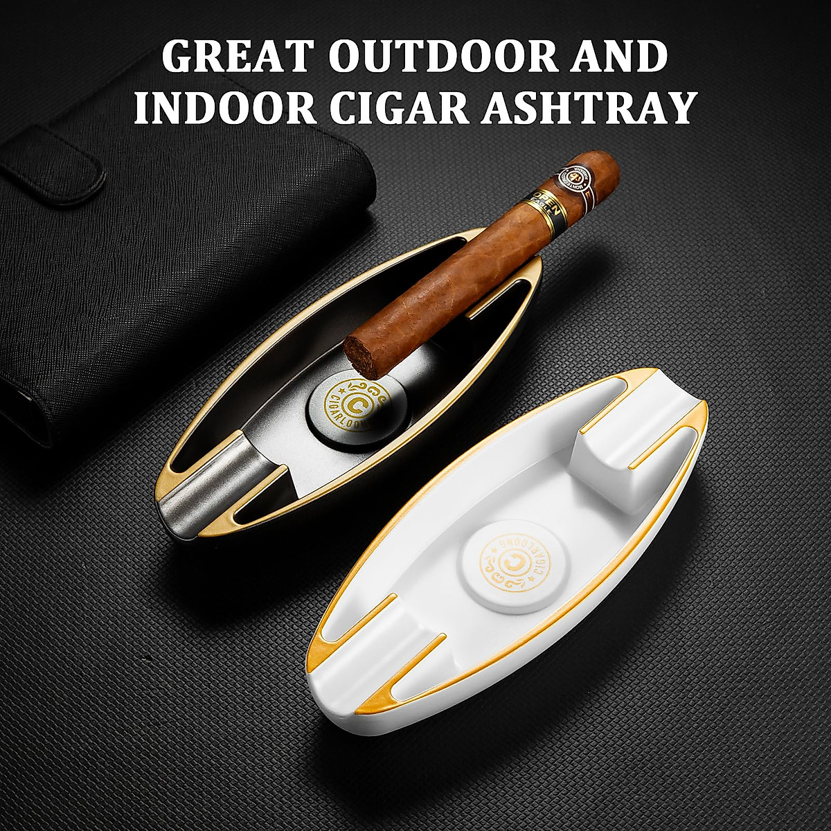 CIGARWONG Cigar Ashtray with 2 Cigar Holder Portable Travel Ashtray Unique for Outdoors Indoors