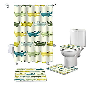 Meet 1998 4 Pcs Shower Cuatain Sets Non-Slip Bath Rugs Cartoon Crocodile Toilet Cover Bathroom Decor for Kids Adults Colorful Cute Alligator,36x72 inch Waterproof Shower Curtainch with Hooks,Large