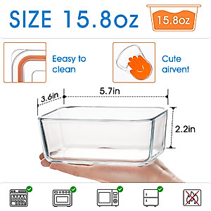 NUTRIUPS 16oz Glass Food Storage Containers with Lids, Set of 2 Reusable Meal Prep Containers, Glass Lunch Box, Lunch Containers