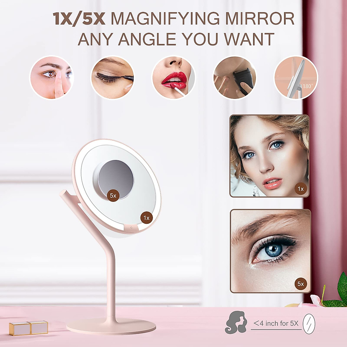 AMIRO Professional 8" LED Lighted Makeup Mirror with 5-Level Brightness, with 5X Magnifying Small Mirror, Tabletop Rechargeable Cosmetic Mirror with Touch Control 180°Rotation