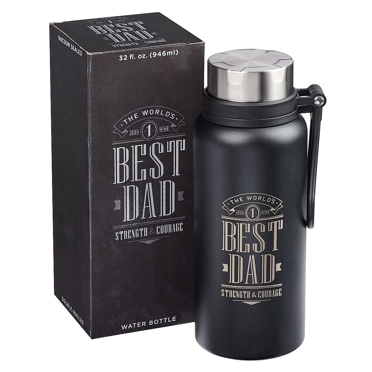 Christian Art Gifts World's Best Dad Strength & Courage Joshua 1:9 Laser Engraved Black Stainless Steel Double Wall Vacuum Insulated Water Bottle w/Carry Handle Strap Lid for Fathers, Hot/Cold, 32 oz.