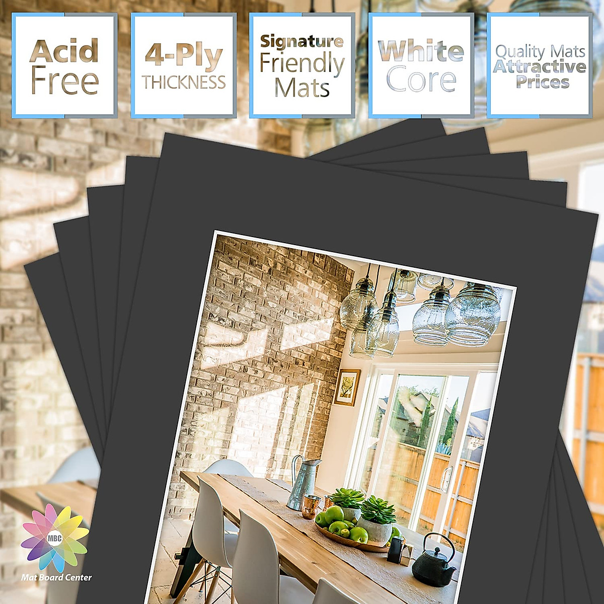 MBC Mat Board Center, Pack of 5, 11x14 for 8x10 Black Photo Picture Mat - Acid Free, 4-ply Thickness, White Core - for Pictures, Photos, Framing