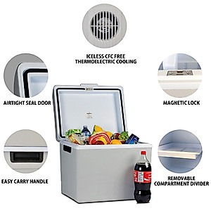 Koolatron Electric Portable Cooler Plug in 12V Car Cooler/Warmer 45 qt (42 L),No Ice Thermo Electric portable Fridge for camping, Travel Road Trips Trucking with 12 Volt DC Power Cord, Gray/White.