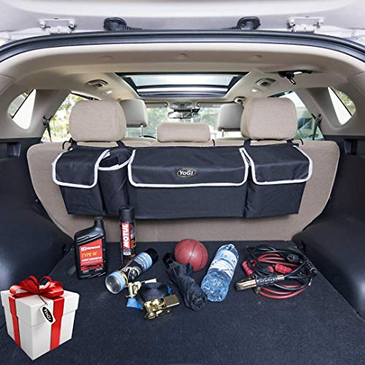 Car Trunk Organizer and Storage, Backseat Hanging Organizer for SUV, Truck, MPV, Waterproof, Collapsible Cargo Storage Bag with 4 Pockets, Car Interior Accessories for Men &Women, Free Trunk Floor