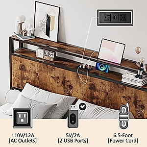 AMERLIFE Queen Size Storage Bed Frame, Wooden Platform Bed with Charging Station, 4 Drawers & Headboard/ No Box Spring Needed/ Noise-Free/ Dark Brown
