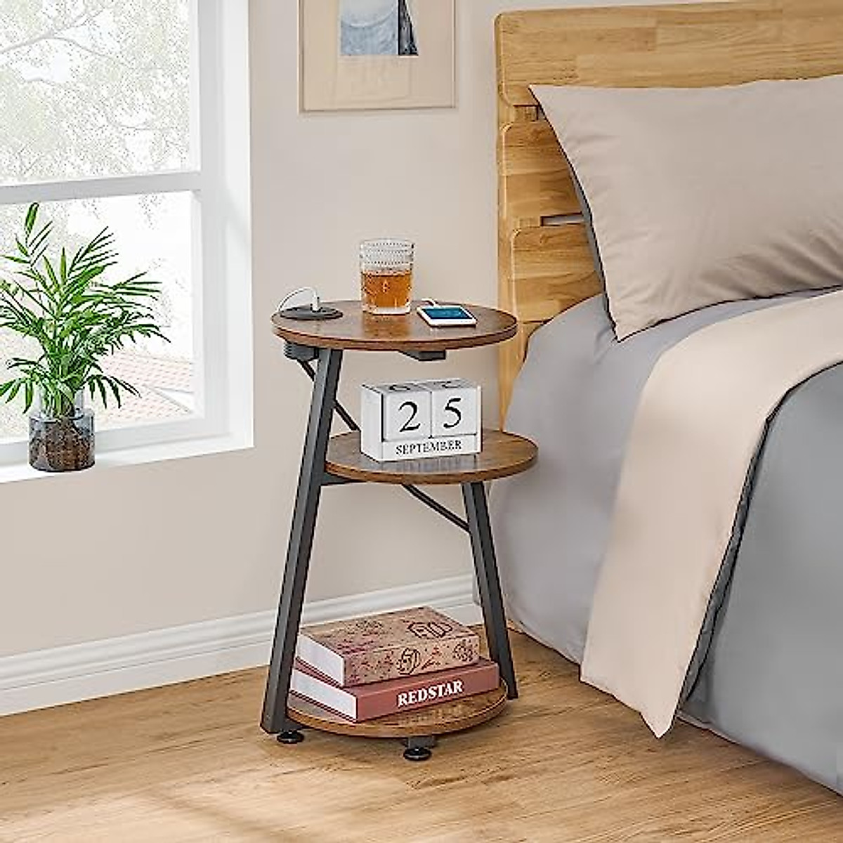 BEWISHOME Round End Table with Charging Station, Side Table Accent Table Nightstand Bedside Table with 3-Tier Shelves, Small Table for Living Room Bedroom Couch Table Coffee Table Rustic Brown KTZ51Z