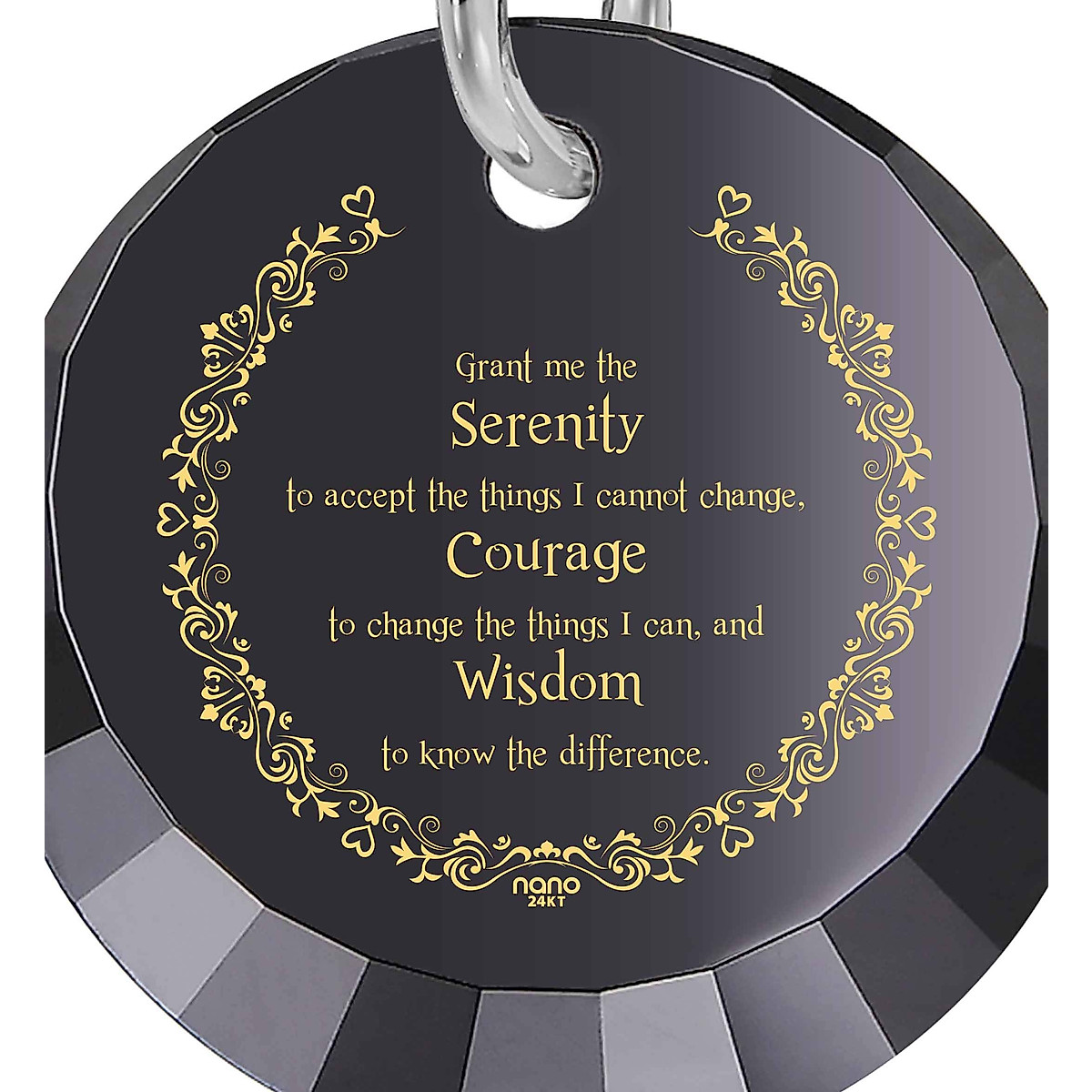 925 Sterling Silver Serenity Prayer Necklace Inspirational Pendant Inscribed in 24k Gold on Black CZ, 18"