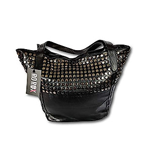 Ro Rox Women's Faux Leather PU Punk Studded Shopper Large Tote Shoulder Day Bag - Black